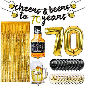 70th Birthday Decorations for Men, 70 Years Birthday Decorations with 40 Inch Gold Number Balloons, Banner, 70 Sign Latex Balloon, Fringe Curtains and Cups Foil Balloons
