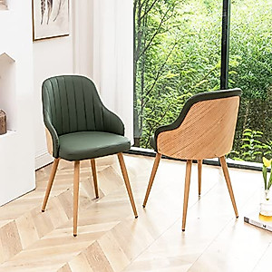 YOUUGIOR Modern Dining Room Chairs, Mid Century Leather Upholstered Accent Arm Chairs,Leisure Side Chairs with Metal Legs and Bamboo Back for Kitchen Room,Dining Room,Set of 2,Green.