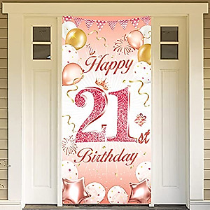 DPKOW Rose Gold 21st Birthday Party Decoration for Woman, Rose Gold 21st Birthday Banner for Backdrop Door Decoration,21st Birthday Background Banner for Garden Wall Decoration, 185 x 90cm Fabric