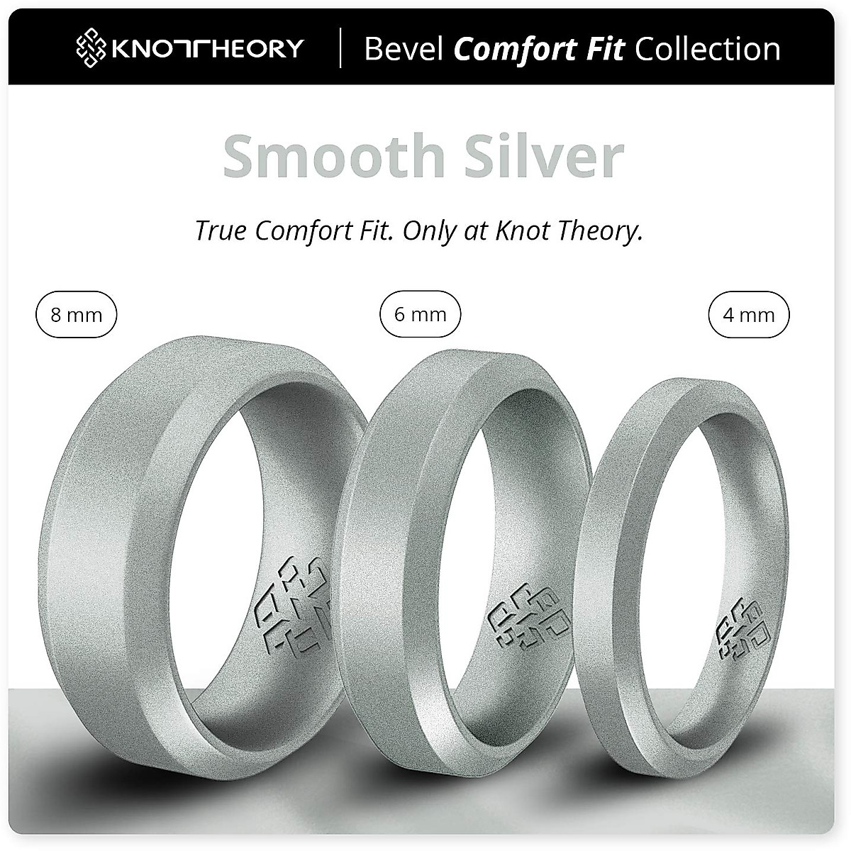 Knot Theory Silver Silicone Ring for Men Women - Breathable Bevel Comfort Fit 6mm Wedding Band Size 14