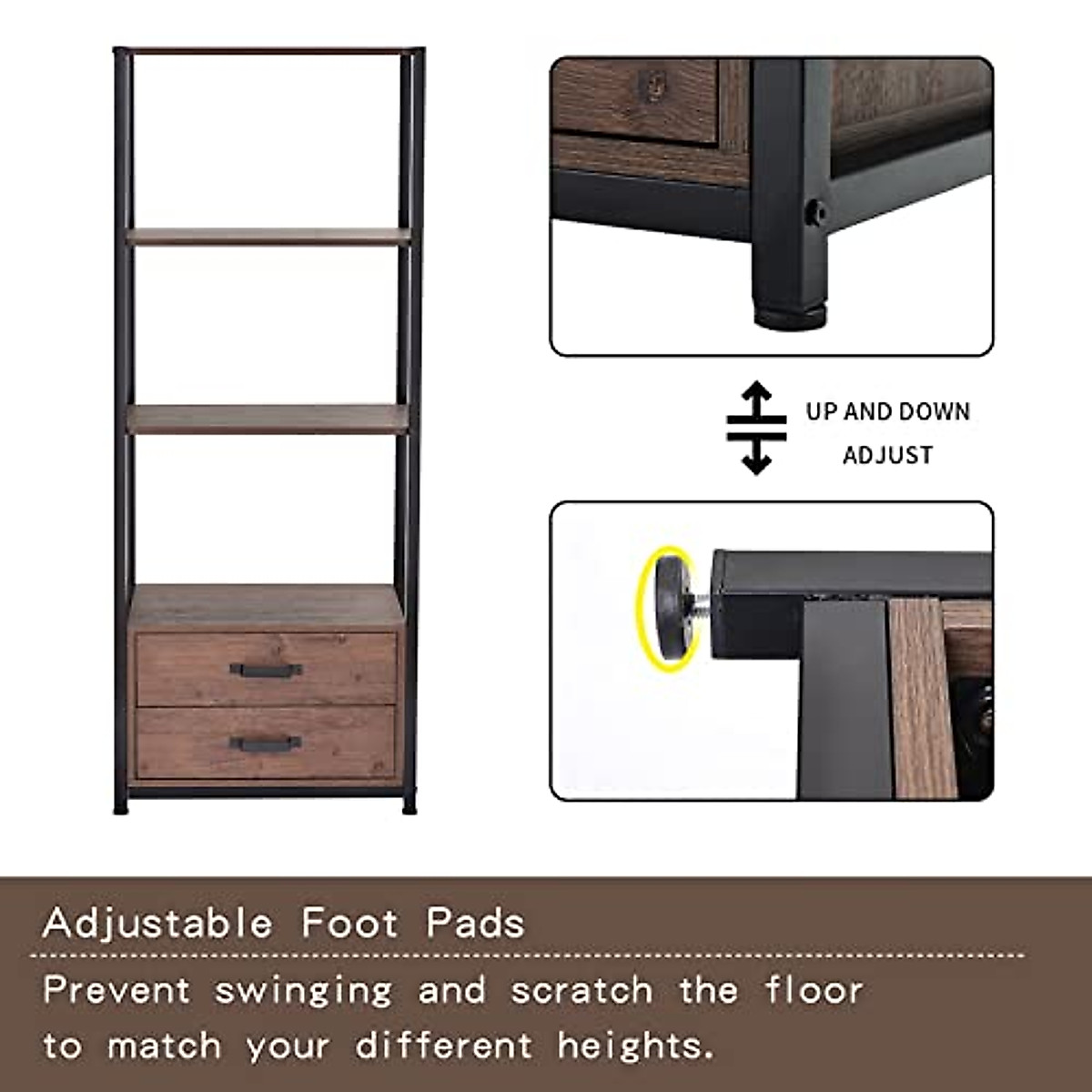 Industrial Wood Bookcase with Two Drawers, Book Storage Rack with Open Display Shelves 4-Tier Open Etagere Bookcase with Adjustable Foot Pads for Living Room, Bedroom, Office, Brown