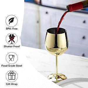 WOTOR Gold Wine Glasses Set of 2 with Wine Stopper, 18oz Unbreakable Gold Goblet, Stainless Steel Wine Glass, Fancy, Unique and Portable Metal Wine Glass, Ideal Gift for Wine Lovers