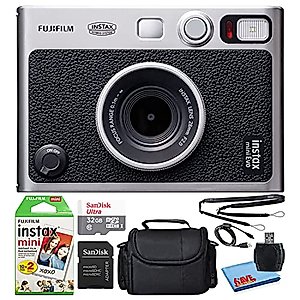Fujifilm Instax Mini EVO Hybrid Instant Film Camera (16745183) Bundle with 20 Instant Film Sheets + 32GB microSD Memory Card + Small Padded Case + SD Card Reader + Microfiber Cleaning Cloth