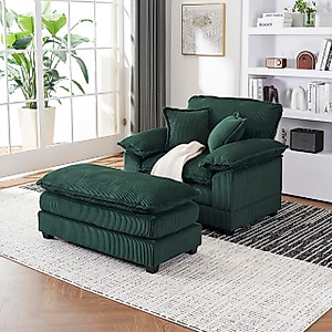 Eafurn Corduroy Upholstered Accent Chair with Movable Ottoman,Comfy Padded Oversized Single Sofa Couch Deep Seat Lounge Armchair w/Detachable Armrest Throw Pillows for Living Room Bedroom Office
