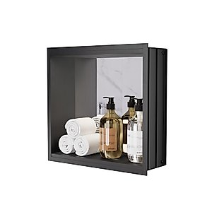 LOWIXI Recessed Shelves Niche 12" X 12",Shower Niche No Tile Needed, Bathroom Niche Recessed Shower Shelf Backsplash with Glass，Black