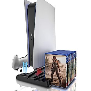 ECHZOVE PS5 Stand with Controller Charger and Cooling Fan, PS5 Digital/Disc Version Stand, PS5 Controller Charger with USB C Cable, PS5 Cooling Stand