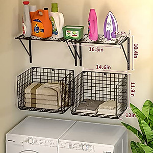 2 Pack Laundry Room Shelves Wall Mounted with Wire Baskets, Over the Washer and Dryer Shelf with Clothes Drying Rack, 8 Hooks, Wire Shelves Baskets for Laundry Closet Organization and Storage, Black