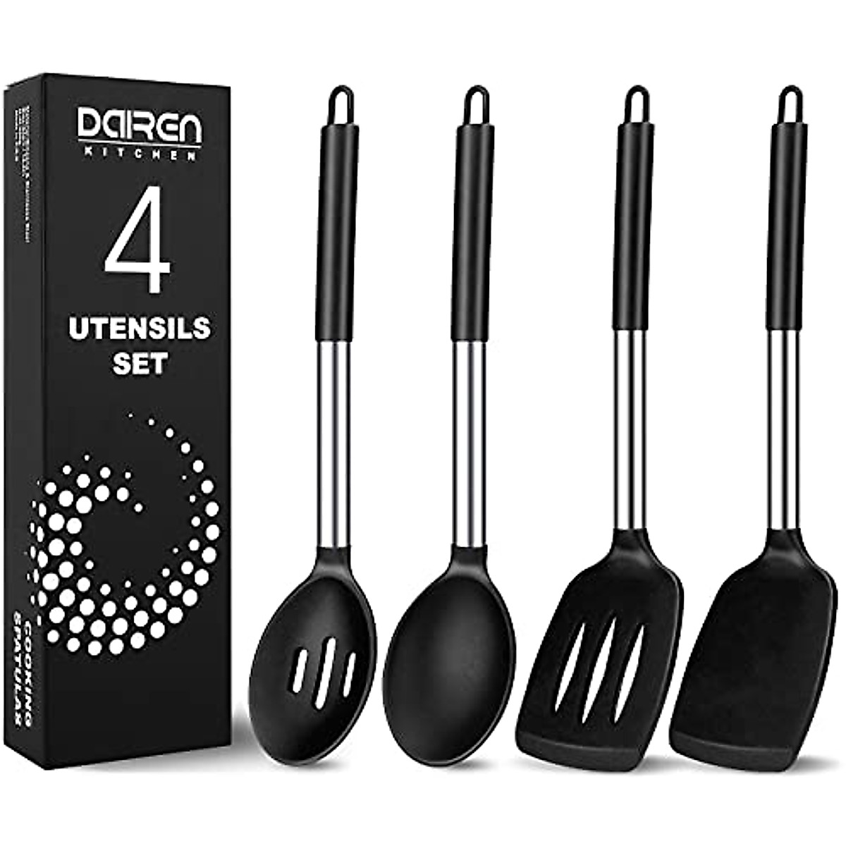 Pack of 4 Large Silicone Cooking Spatulas and Spoons, Slotted and Solid Stainless Steel Cooking Utensils Set, Non-stick Heat Resistant Kitchen for Baking, Fried, Stir-Fry, Mixing, Serving (Black)