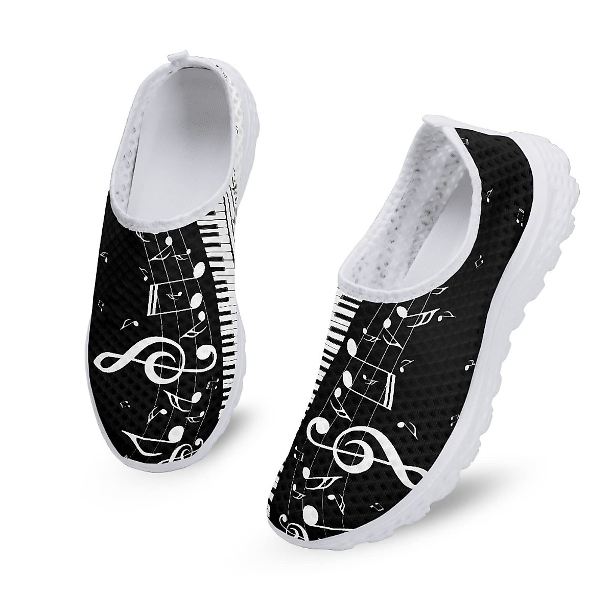 Coldinair Music Wall Art Music Note Women's Road Running Shoes Black White Treble Clef Prints Casual Sneakers Music Art Print Lady Girls Tennis Walking Shoe Workout Shoes for Tennis Gym