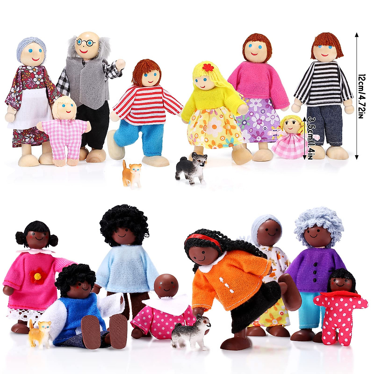 Skylety 20 Pcs Wooden Dollhouse Family Set of 16 Mini People Figures and 4 Pets, Wooden Dollhouse Dolls Family Cosplay Figures Accessories for Pretend Toy(Cute Style)