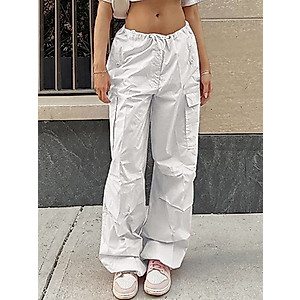 Xineicy Parachute Pants for Women Drawstring Baggy Cargo Pants Y2K Trouser Low Rised Jogger Sweatpants Loose Hip Hop A White