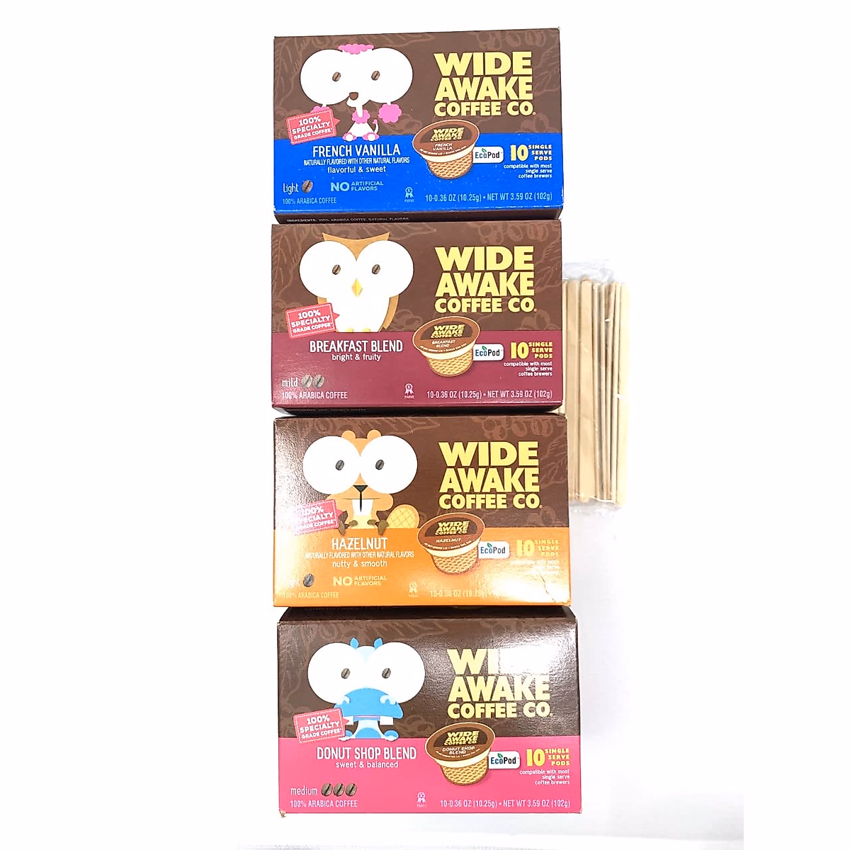 Wide Awake Coffee Variety 4-Pack - French Vanilla, Breakfest Blend, Hazelnut, Donut Shop, with Bonus of 20 Wooden Coffee Stirrers