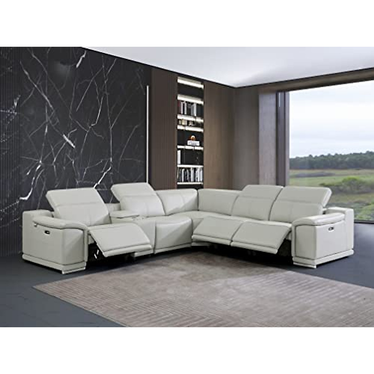 Blackjack Furniture Venice 6 Piece Sectional Sofa with 3-Power Recliners, Features Adjustable Headrest, Lumbar Support, USB and Wireless Charging Station, Extra Large Storage, 1 Console, Light Grey