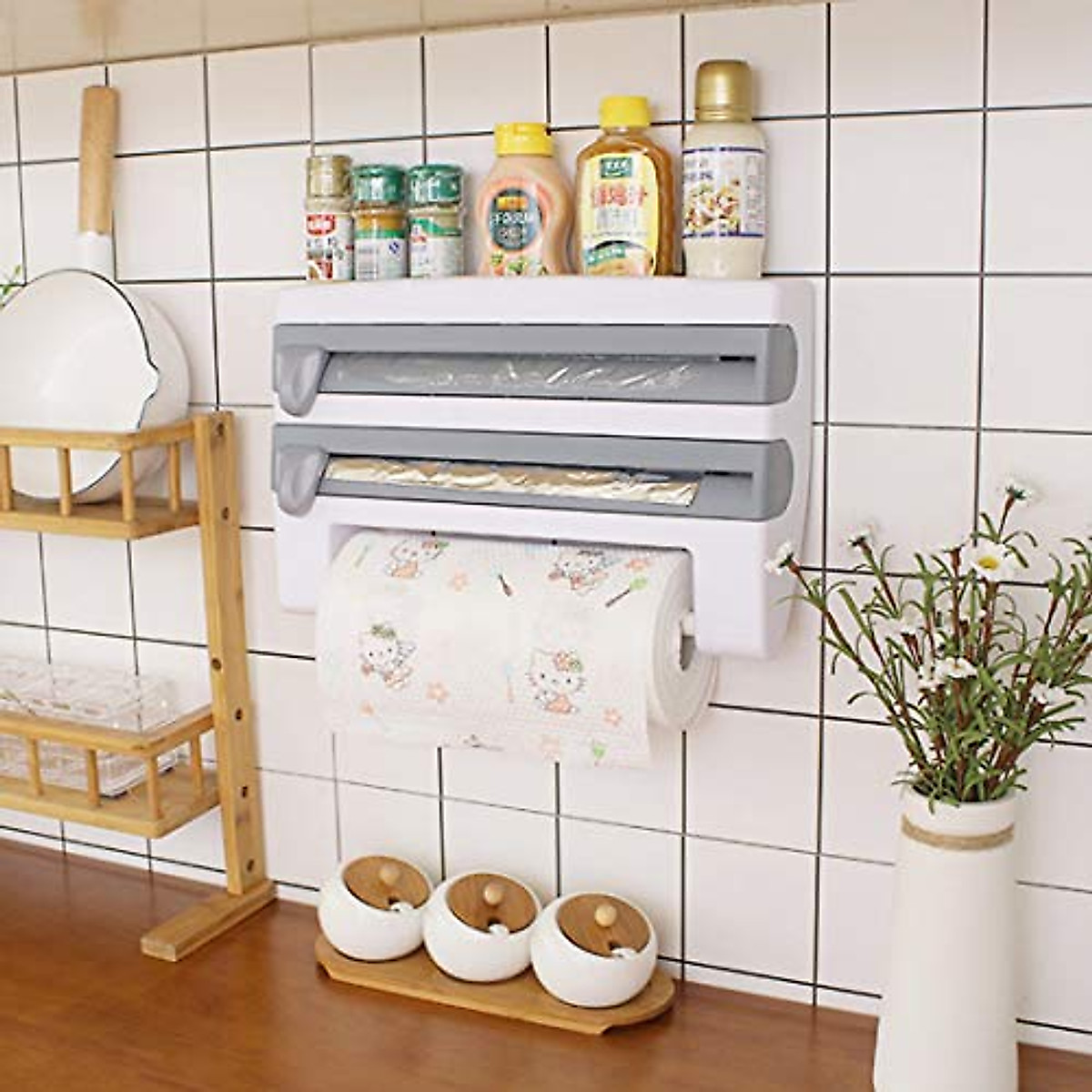 4-in-1 Wall-Mount Paper Towel Holder,Plastic Wrap Foil Dispenser,Wall-Mount Sauce Bottle Storage,Bathroom Organizer Storage,Shelf Adhesive Wall Mount,Rack Paper Towel Holder (Gray)