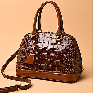 Dayfine Classic Dome Satchel Bags for Women Crocodile Pattern Faux Leather Crossbody Bags Top Handle Handbags Zipper Purse-Brown