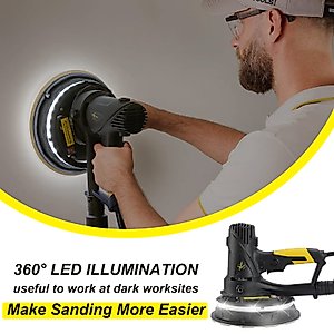 CUBEWAY Drywall Sander, Handheld Electric Drywall Sander with Vacuum Attachment and Variable Speed, Sheetrock Sander Machine with LED Light 10pcs Sanding Discs and 26FT Power Cord