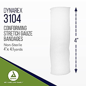 Dynarex 3104 Non-Sterile Stretch Gauze Bandage Roll, 4" x 4.1 yard, Pack of 12