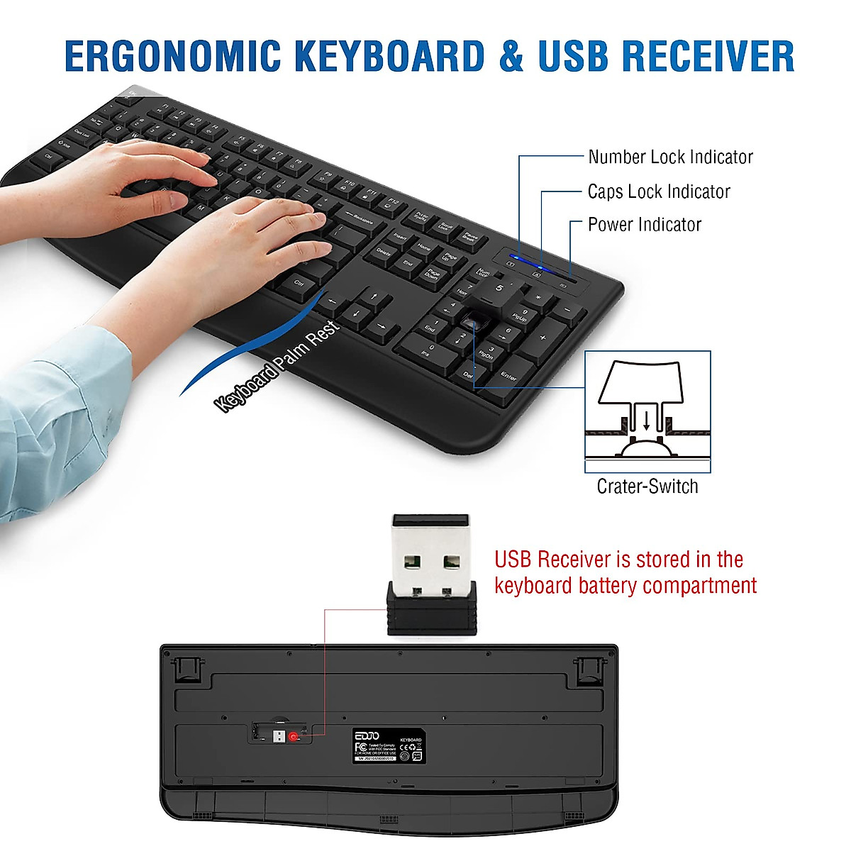 Wireless Keyboard and Mouse Combo, EDJO 2.4G Full-Sized Ergonomic Computer Keyboard with Wrist Rest and 3 Level DPI Adjustable Wireless Mouse for Windows, Mac OS Desktop/Laptop/PC