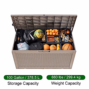 KFY deck box,100-gallon indoor and outdoor storage box made of waterproof and sun-resistant resin material, meeting storage needs for the living room, patio, swimming pool, and toolshed (light khaki)