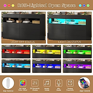 BTHFST 8 Drawer Dresser for Bedroom with RGB Lights & Power Outlet, 47" W Double Dresser with Open Shelves, Modern No Handle Chest of Drawers for Closet, Black