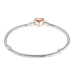 QeenseKc Rose Gold Heart Clasp Snake Chain Bracelet for Women Girls fit European Pandora Style Charm Bead 19cm (BR_Barrel_Heart_Rose_19)