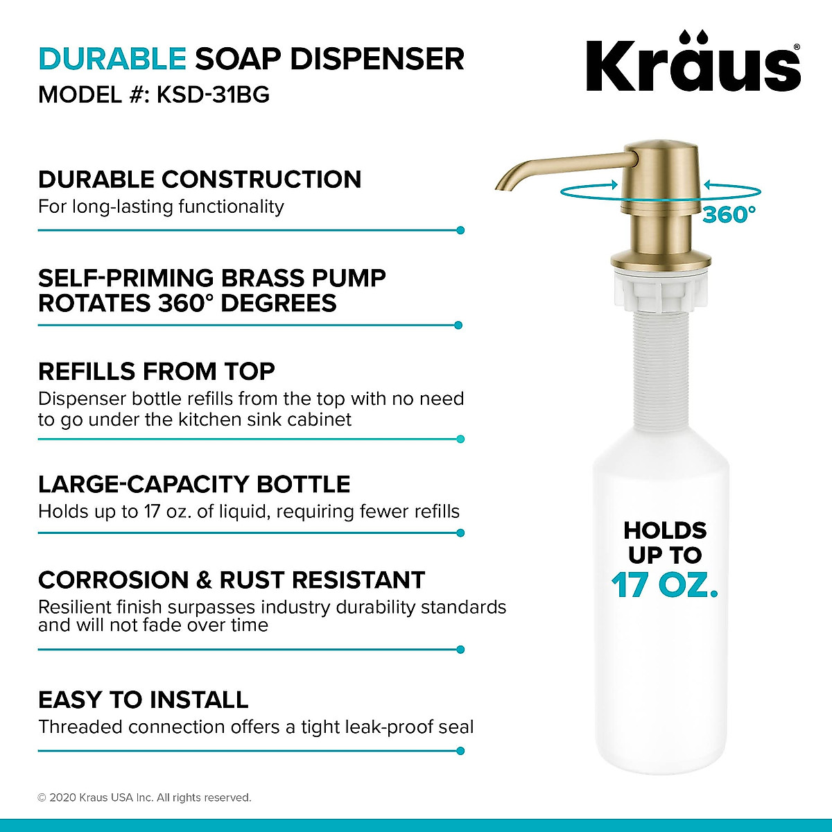 KRAUS Kitchen Soap and Lotion Dispenser in Brushed Gold, KSD-31BG