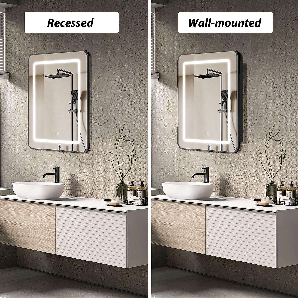 APRILSOUL 16X24 Inch Black Bathroom Medicine Cabinet with Mirror, Recessed or Surface Lighted Medicine Cabinet with 3 Colors Temperature, Dimmable Light