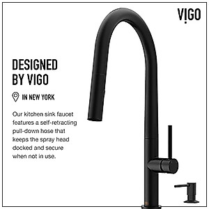 VIGO Greenwich Matte Black Kitchen Faucet with Pull-Down Sprayer | Solid Brass Faucet for Kitchen Sink with Bolton Soap Dispenser | Single-Handle Kitchen Sink Faucet with Swivel Sink Sprayer