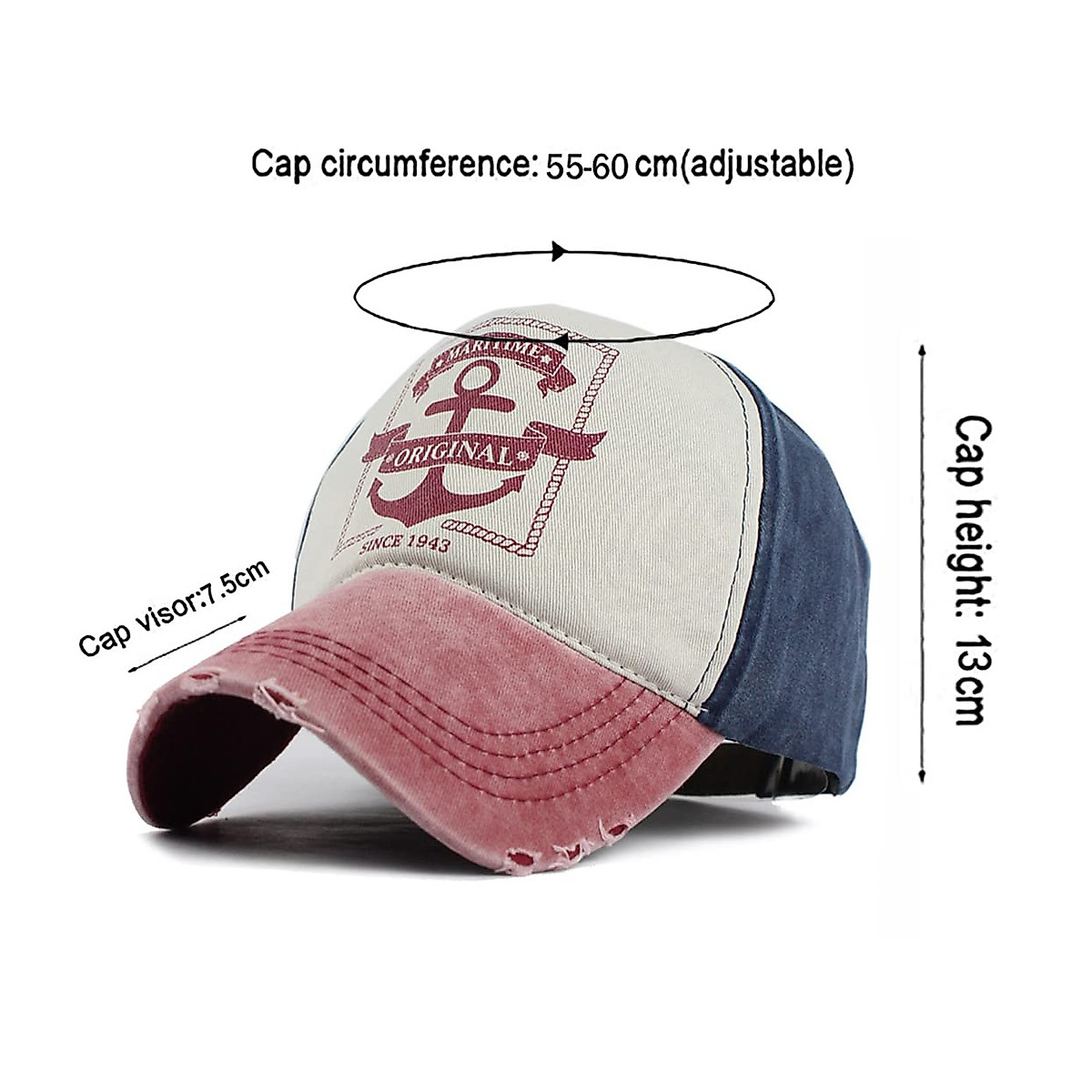 LONGTEN Vintage Baseball Cap Fashion Anchor Pattern Denim Cotton Frayed Edge Sunhat Adjustable Unisex C