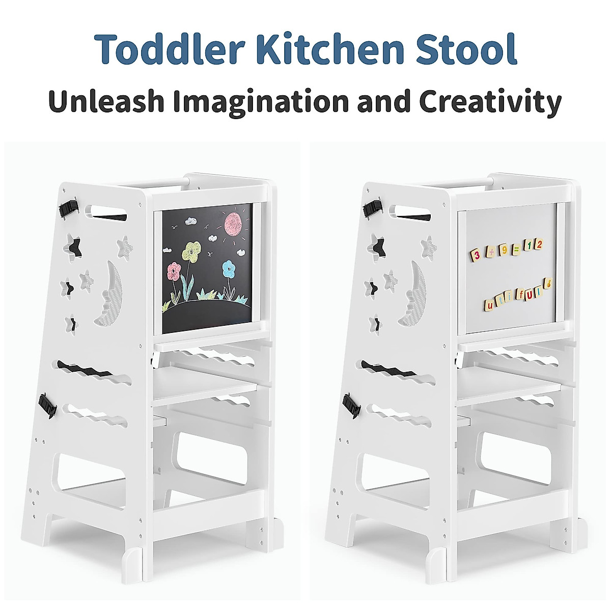 TOETOL Bamboo Toddler Kitchen Stool for Kids Step Stool - White Little Helper Tower Adjustable Height with Learning Black & White Activity Board1