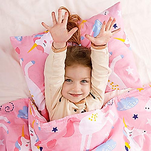 Toddler Pillow with Organic Cotton Pillowcase Set 14x19, Pink Unicorn Kids Pillows for Sleeping, Girls Breathable Pillow with Pillow Cover for Kids Sleeping, Machine Washable