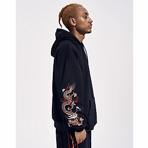 Niepce Inc Streetwear Men's Dragon Embroidered Heavyweight Graphic Hoodies (black-dragon, X-Large)