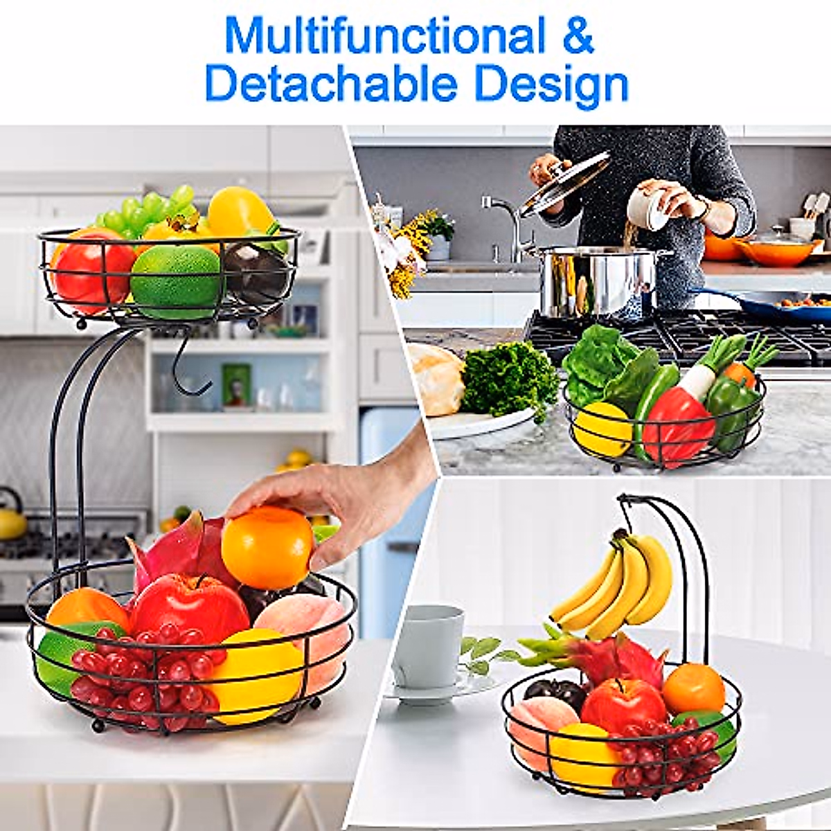 Bextsrack 2-Tier Countertop Fruit Basket Bowl with Banana Hanger, Metal Wire Vegetable Produce Storage Baskets for Kitchen, Fruits Stand Holder Organizer for Bread Snack Veggies, Black