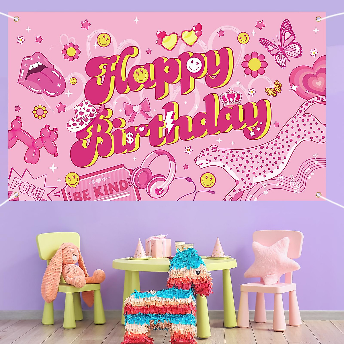 Qpout Pink Preppy Birthday Backdrop with Polyester Fabric, Hot Pink Theme, for Girls Women Party Decorations