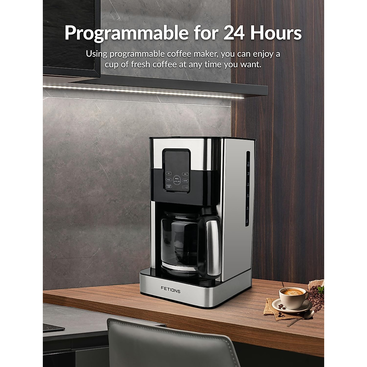 FETIONS Coffee Maker with Glass Carafe for Home Office, Programmable Stainless Steel Drip Coffee Machine with Timer Auto Shut-Off, LED Screen, 12-Cup Coffee Pot with Anti-Drip System, Reusable Filter