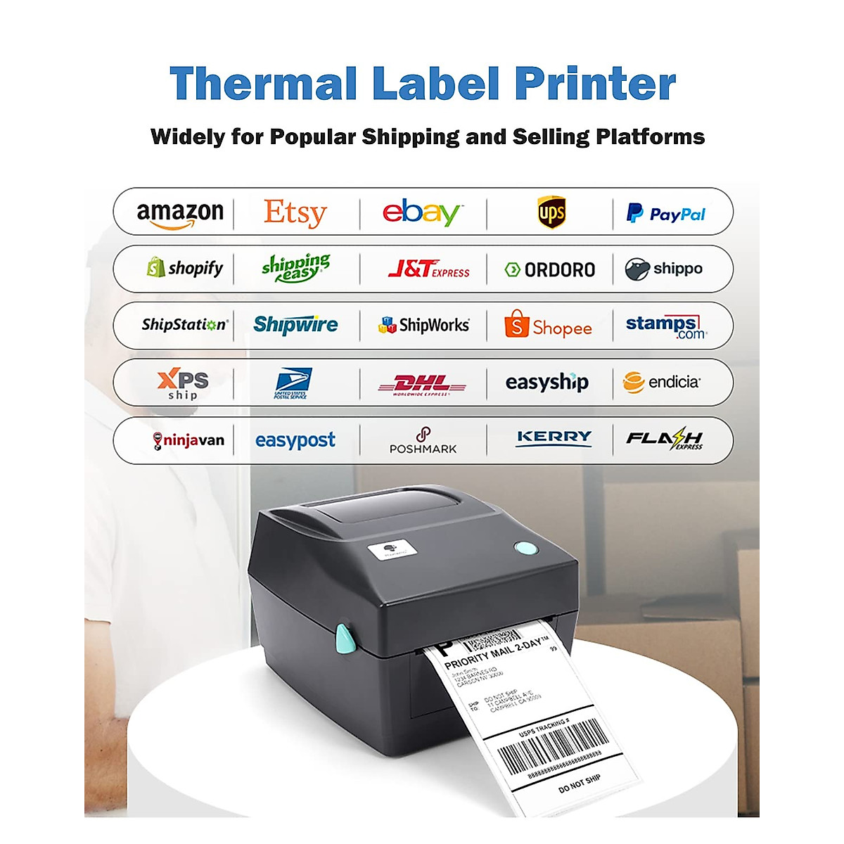 Thermal Label Printer, 4X6 Shipping Label Printer, Commercial Direct Desktop Label Printer for Shipping Packages Barcode Label Maker, Compatible with UPS, USPS, Etsy, Amazon,Shopify,Ebay