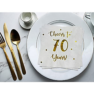 Cheers to 70 Years Cocktail Napkins | Happy 70th Birthday Decorations for Men and Women and Wedding Anniversary Party Decorations | 50-Pack 3-Ply Napkins | 5 x 5 inch folded (White)