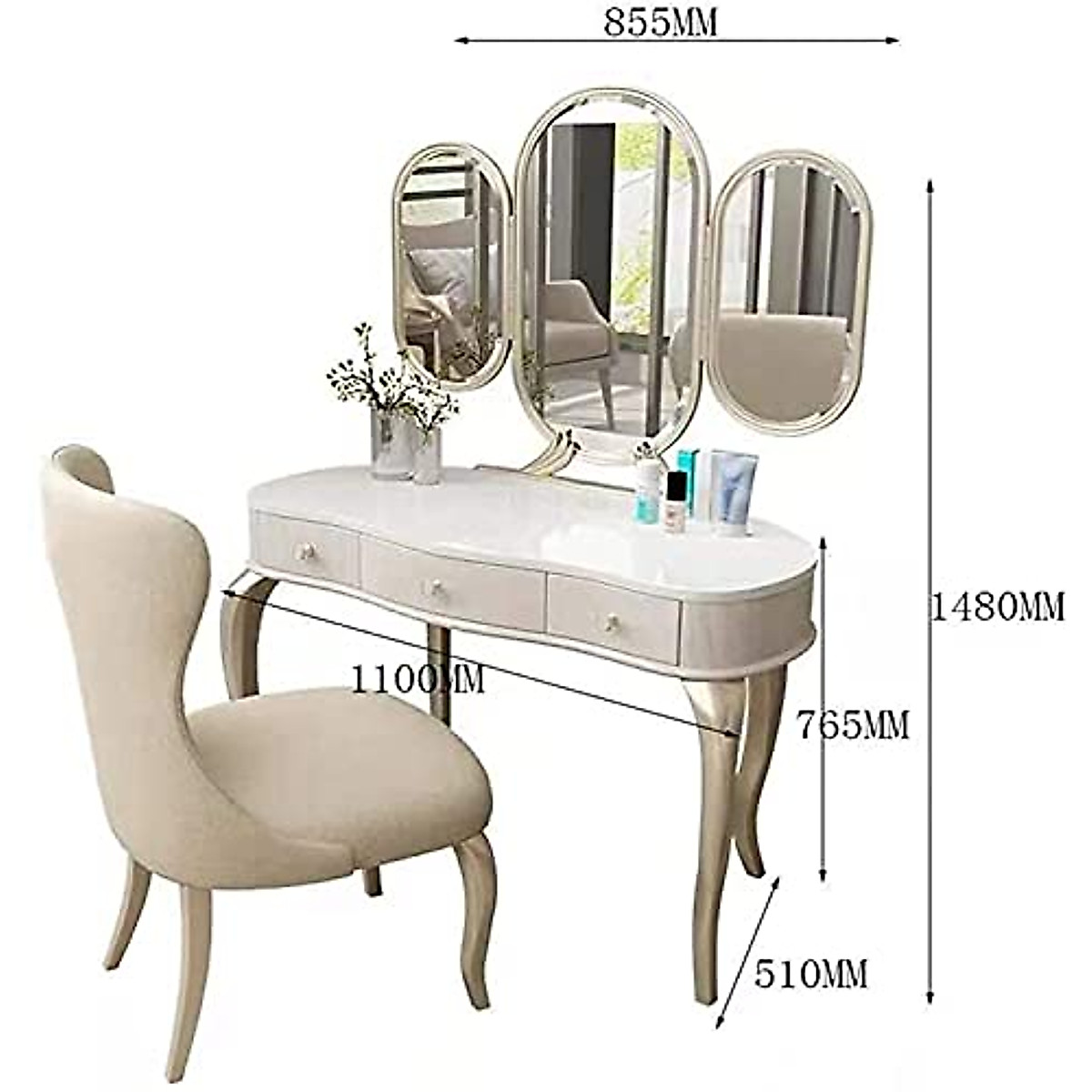 LEONYS Vanity Set with Cushioned Bench, Makeup Vanity Table with Tri-Folding Mirror, Dressing Table with 3 Drawers for Cosmetics Storage, White