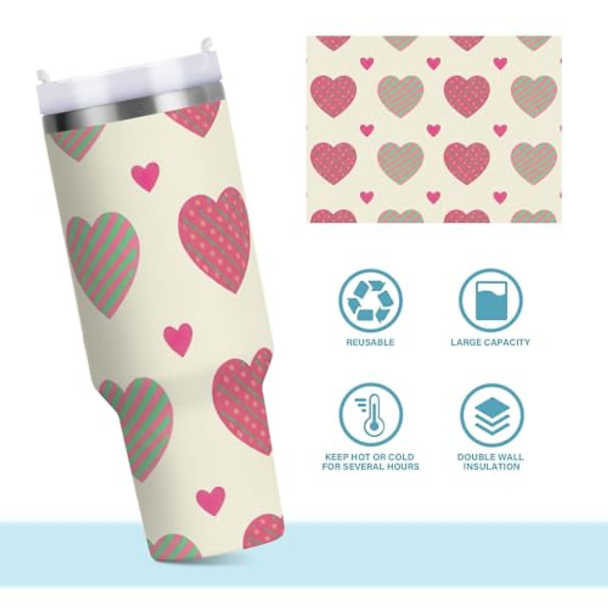 ODAWA 40oz Valentine's Heart Beige Insulated Stainless Steel Tumbler with Handle and Straw Lid Fall Insulated Tumbler