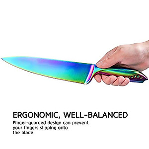 WELLSTAR Chef Knife Set of 2, Razor Sharp German Stainless Steel Blade and Ergonomic Comfortable Handle with Rainbow Titanium Coating, 8” Chef and 3.5” Paring for Kitchen Cutting – Gift Box Pack