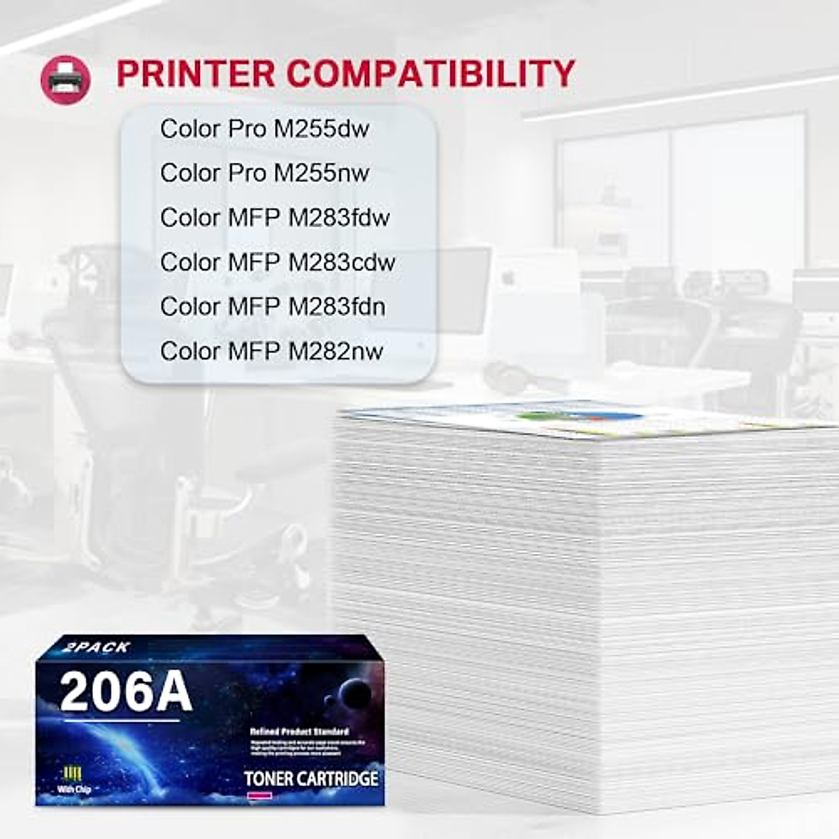 W2112A Magenta Toner Cartridge (with Chip) ,206A High Capacity Toner Cartridge, Compatible for M255nw MFP M283cdw MFP M282nw MFP M283fdn MFP M283fdw M255dw Printer (2 Pack/Magenta)