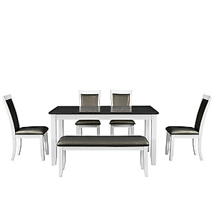 VilroCaz Farmhouse Rustic 6-Piece Dining Table Set, 60'' Rectangular Table with PU Leather Upholstered Chairs and Bench, Acacia Wood Kitchen Dining Room Set for Family (White+GY)