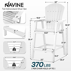 NAVINE Tall Adirondack Chairs Set of 2, HDPE Balcony Chair with Double Connecting Tray, Weather Resistant Outdoor Adirondack Bar Stools for Patio, Deck, Patio, Backyard, Balcony.(White)