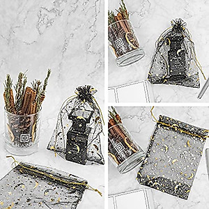 souG Organza Gifts Bags, 5x7 100Pcs Sheer Organza Drawstring Pouches Stars and Moon Wedding Party Favor Jewelry Candy Gift Bags (White and Black).