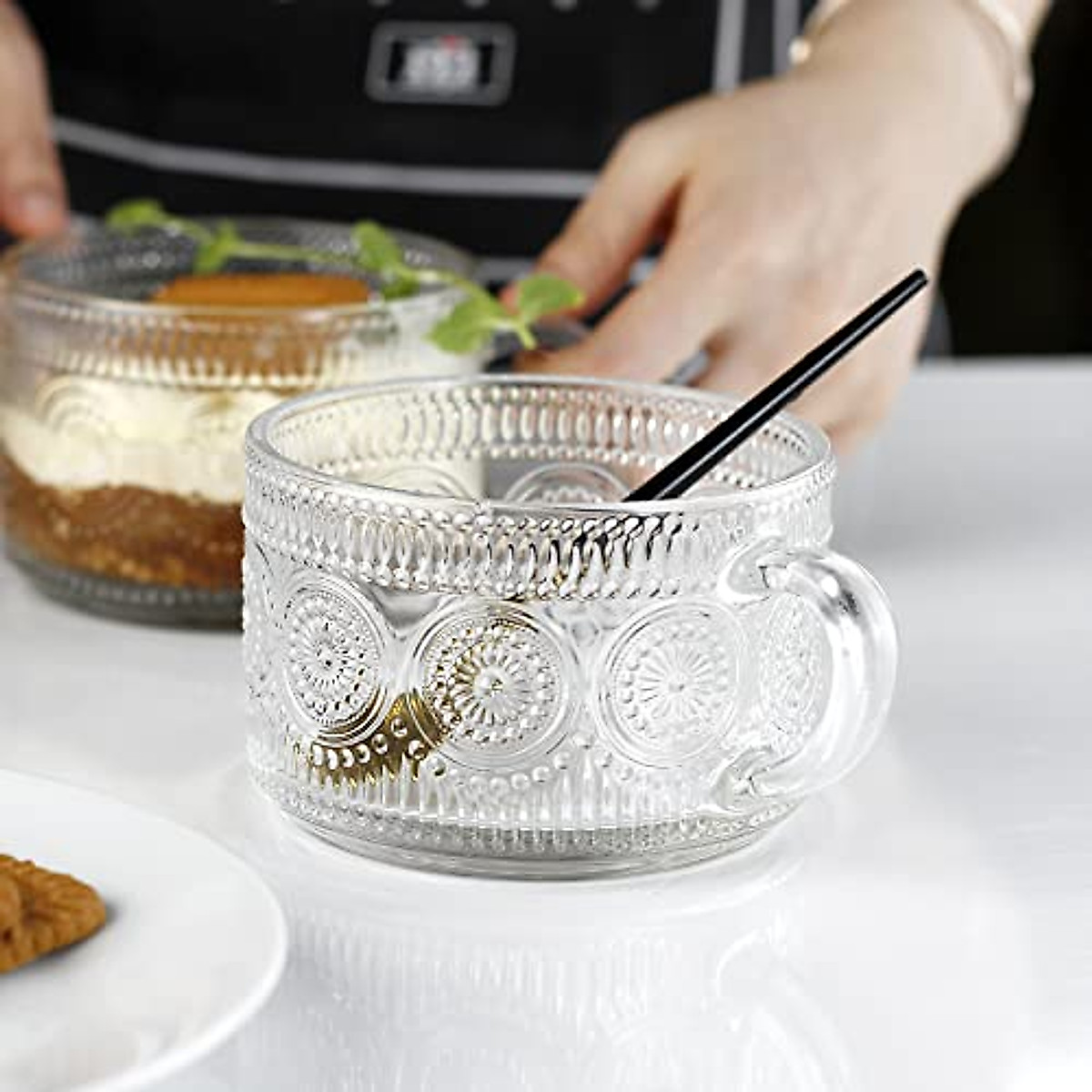 LUXU Vintage Glass Coffee Mugs 14oz Set of 4 Clear Glass Tea Cups,Stackable Glass Coffee Cups,Cute Coffee Bar Accessories,Iced Coffee Glasses,Clear Embossed Glass Cups for Cappuccino,Latte,Beverages