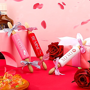 CHENGU Valentines Tiered Tray Decor 3 Pieces Valentine's Day Rolling Pin Decor Farmhouse Handmade Decor Tiered Tray Decoration Wood Rolling Pin Farmhouse Valentine's Day Decor (Romantic Style)