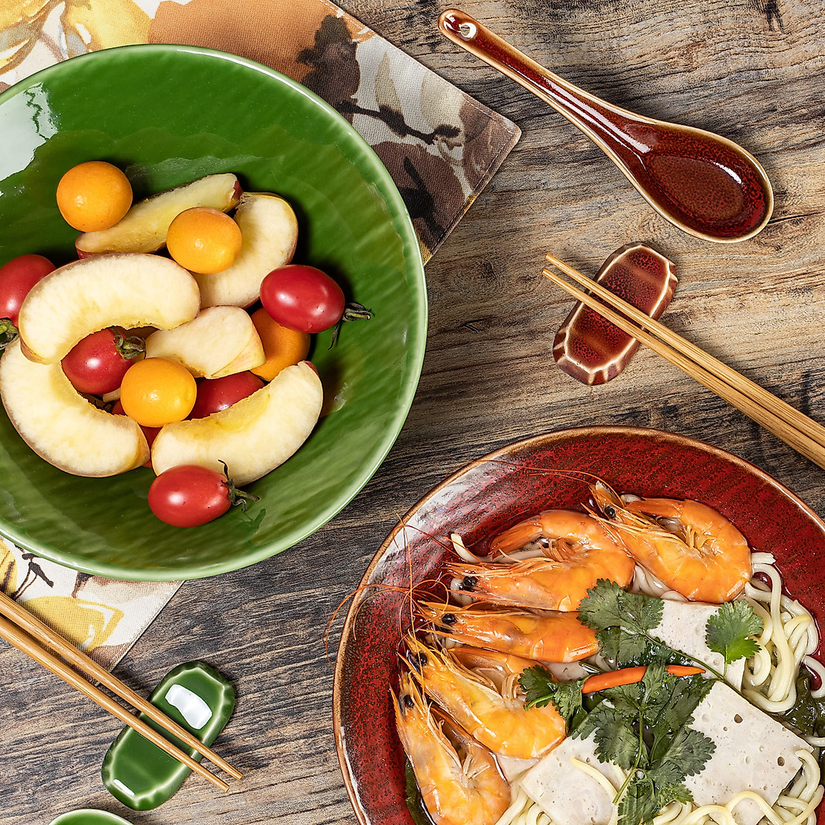 UNICASA 38oz Large Japanese Ramen Bowl Set with Chopsticks, Spoons and Stands, Ceramic Noodle Bowl Set of 2 for Udon, Pho, Soba, Salad and Soup – Reactive Glazed Light Green