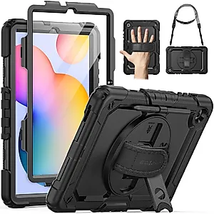 SEYMAC Case for Samsung Galaxy Tab S6 Lite 10.4'' 2024/2022/2020 (SM-P620/P610/P615), Heavy Duty Full-Body Shockproof Protective Case with Screen Protector, Rotating Stand, Hand/Shoulder Strap, Black