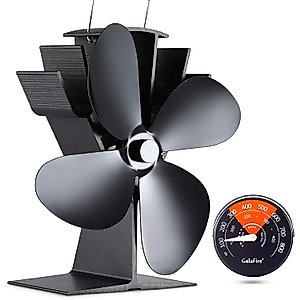 GALAFIRE 4-Blades Heat Powered Wood Stove Fan + Magnetic Thermometer, 122°F Start Non Electric Eco Fireplace Fan for Gas/Pellet/Log/Wood Burning Stoves, Silent Operation, 2-Years, N429, Black