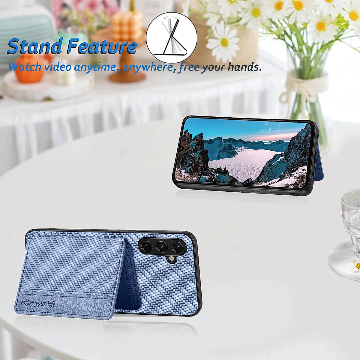 JanCalm for Samsung Galaxy A14 Case Card Holder, RFID Blocking, Kickstand, Camera Protector, PU Leather Shockproof Protective Flip Cover Phone Case (Blue)